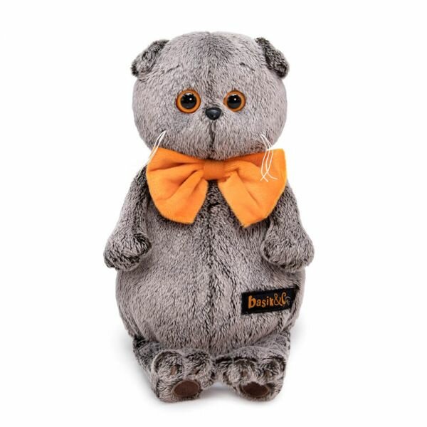 Мягкая игрушка Буди Баса Budi Basa Кот Басик в рыжем бархатном банте, 22 см, Ks22-031 светло-серый