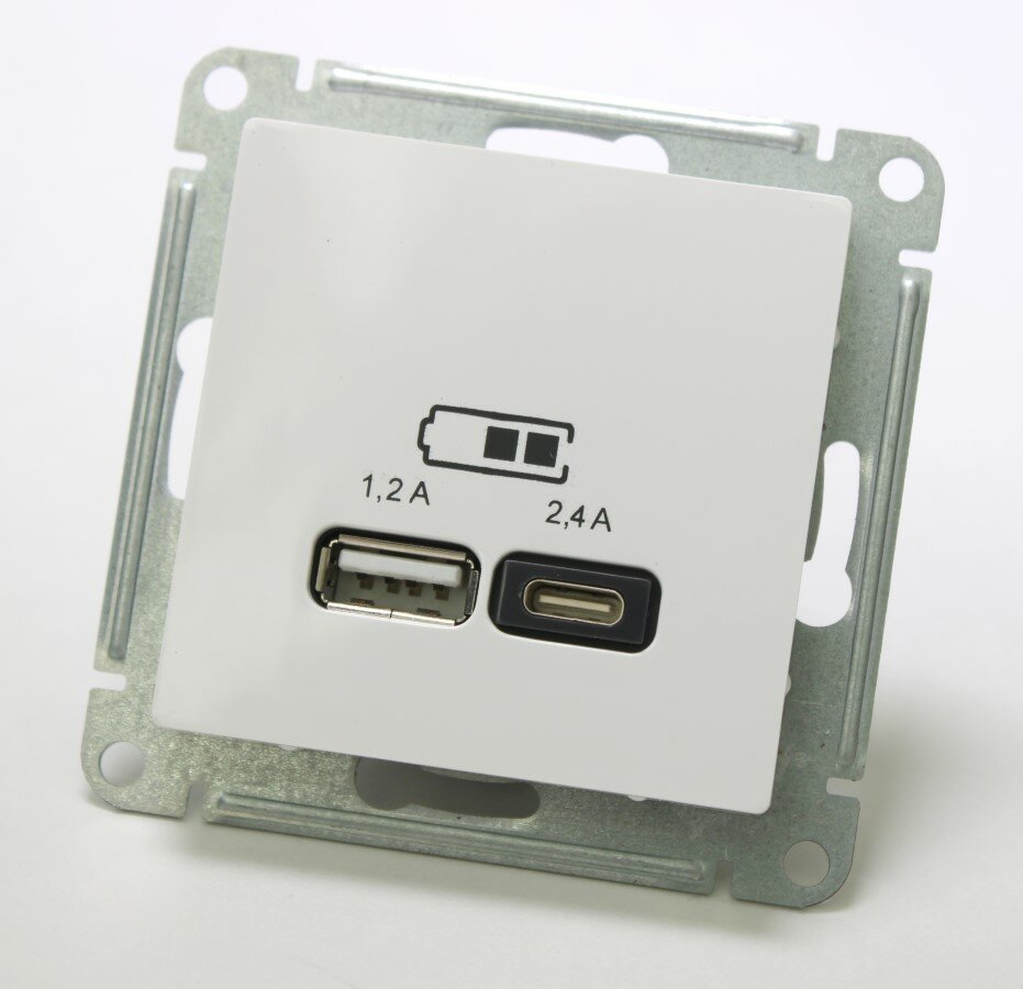 Розетка сетевая Schneider Electric Atlas Design USB A+С, 5В/2,4 А, 2х5В/1,2 А, механизм, белый