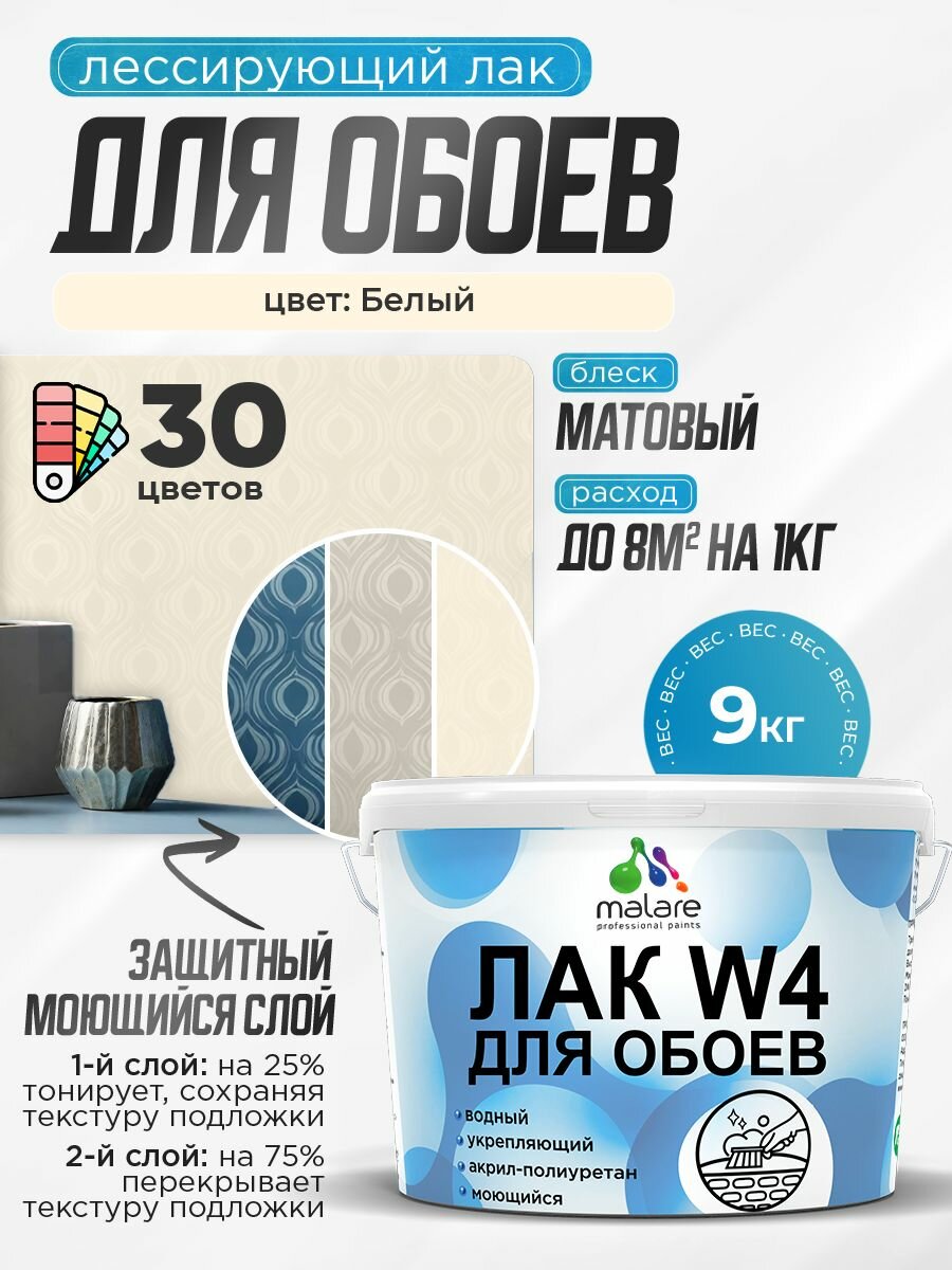 Лак колерованный тонирующий для защиты обоев Malare W4 универсальный для дерева и минеральных поверхностей, водный без запаха быстросохнущий, матовый, белый, 9 кг.