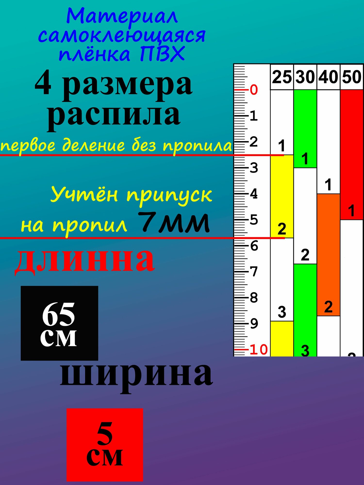 Линейка наклейка ПВХ для пилорамы 65см пропил 7мм (в начале без пропила)