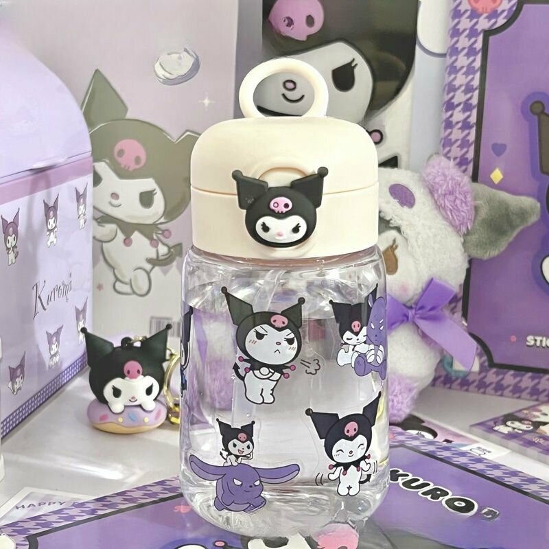 Бутылка для воды на 400 мл с персонажами аниме Kuromi, My Melody и Cinnamoroll из прочного пластика с крышкой-трубочкой