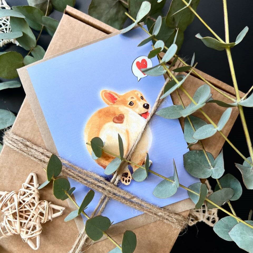 Открытка с корги 14,8 * 10,5 см с конвертом