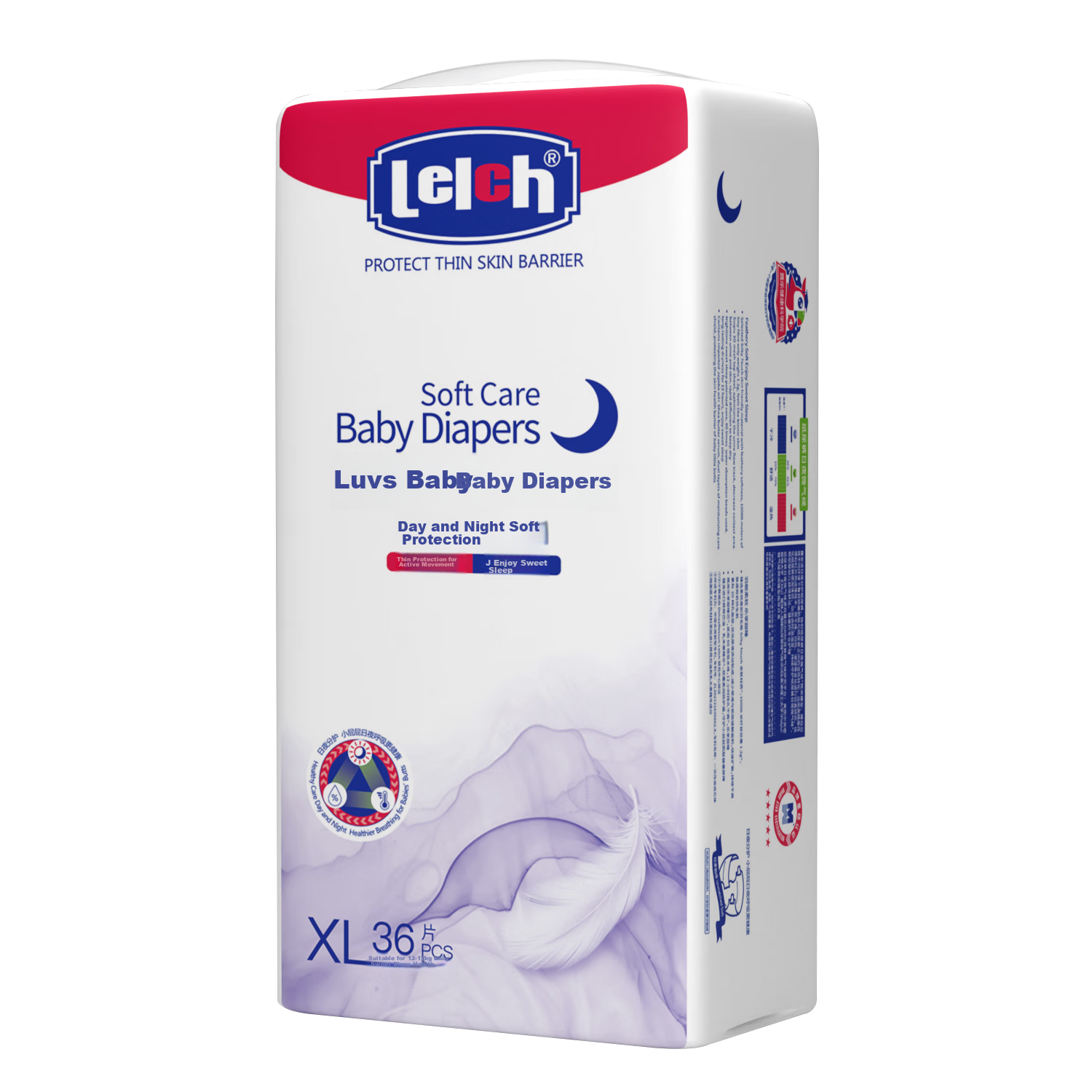 Lelch Soft Care Diapers, XL Size, 36 Pieces (12-17kg), Overnight Use, Thin And Breathable