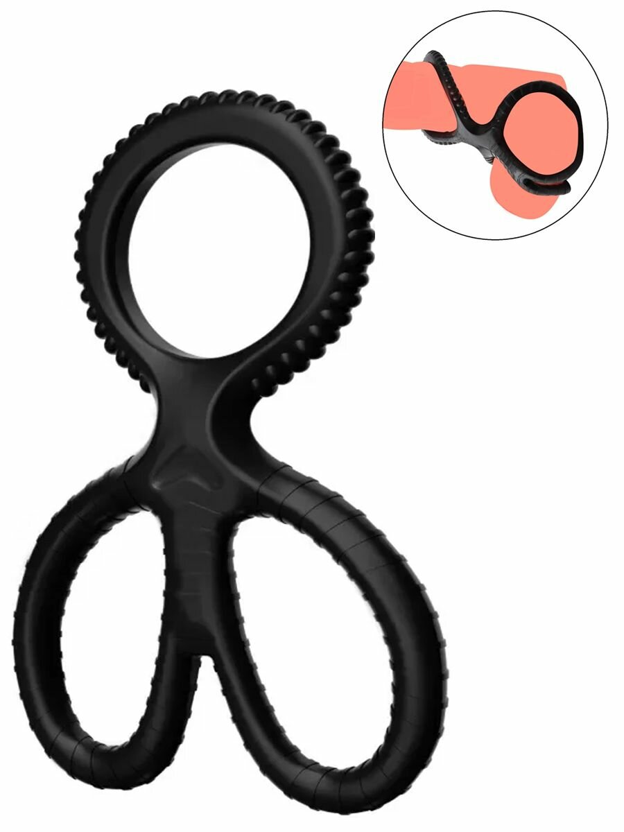 Тройное эластичное силиконое эрекционное кольцо для пениса и мошонки "BLACK SILICONE COCK RING AND BALL STRAP" 11см