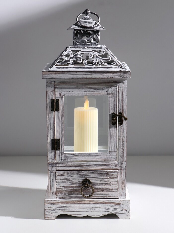 Деревянный подсвечник-фонарь на 1 свечу «С узорами на крыше», с ящиком, беж, 46×18×18 см