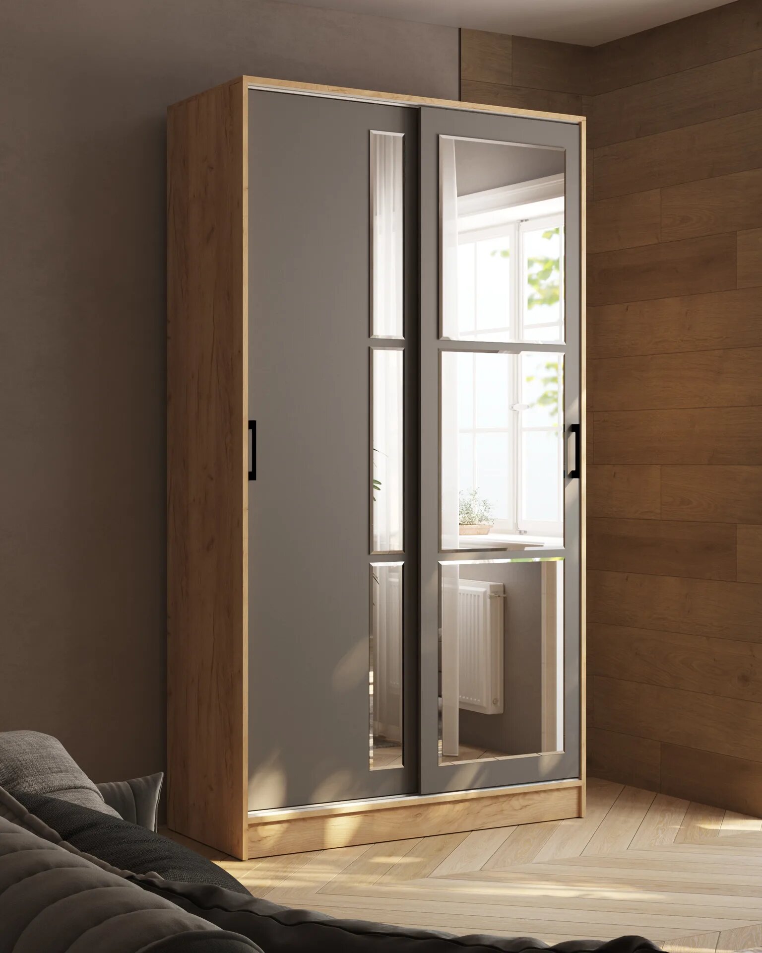 Шкаф-купе «Стиль-2» 1200 с зеркалами, 2 двери, дуб крафт золотой/графит серый (1200х520х2200)