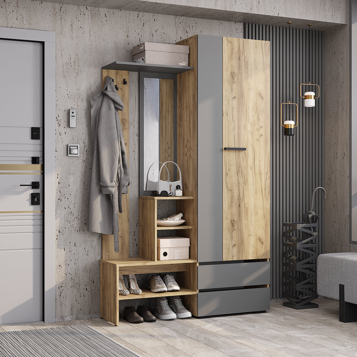 Прихожая Мебелони "Твист", ЛДСП, с зеркалом, вешалка, сборка, цвет крафт-графит