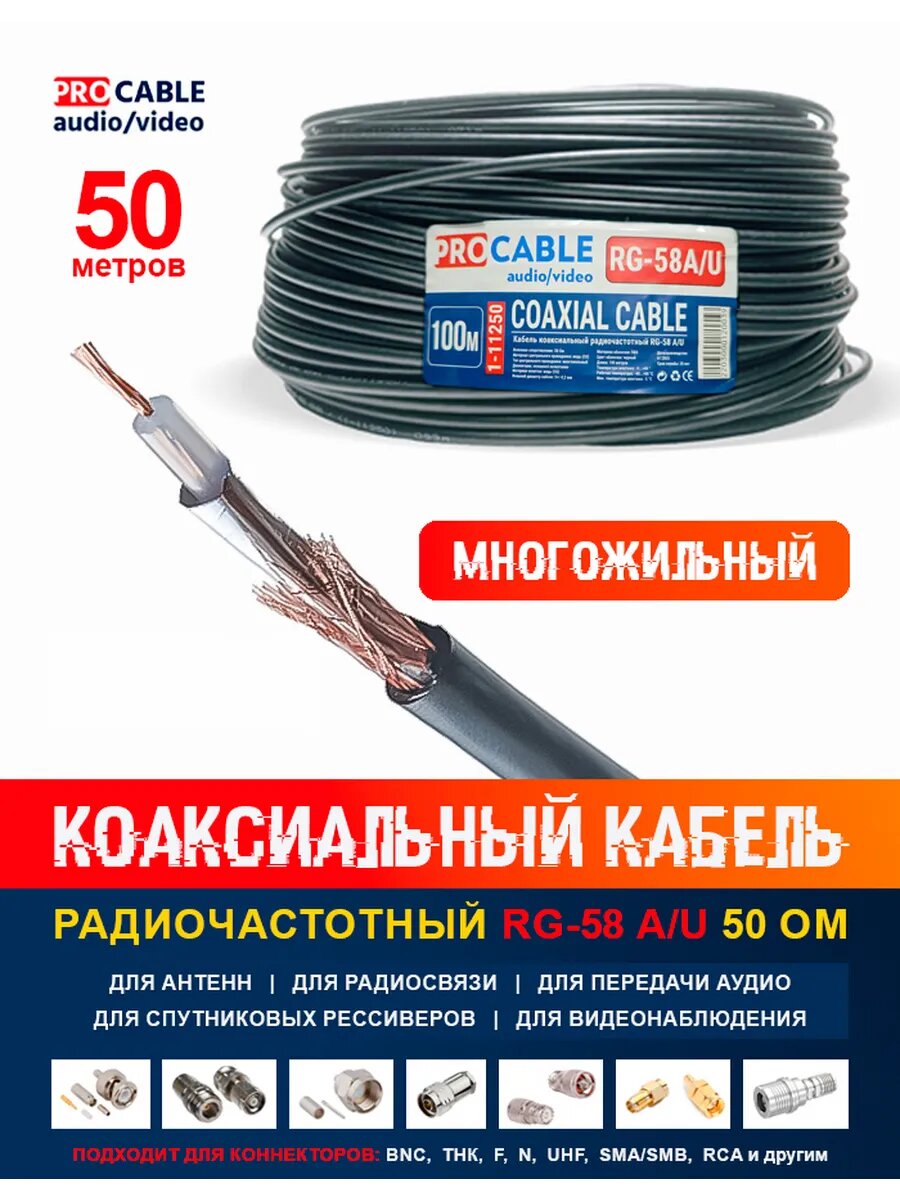 Коаксиальный кабель RG-58 A/U (50 метров)