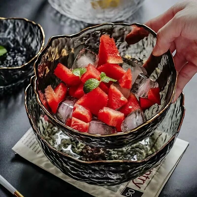 Японские стеклянные миски с клепкой и золотой каймой, прозрачные, для фруктов и салата, набор из 3 шт