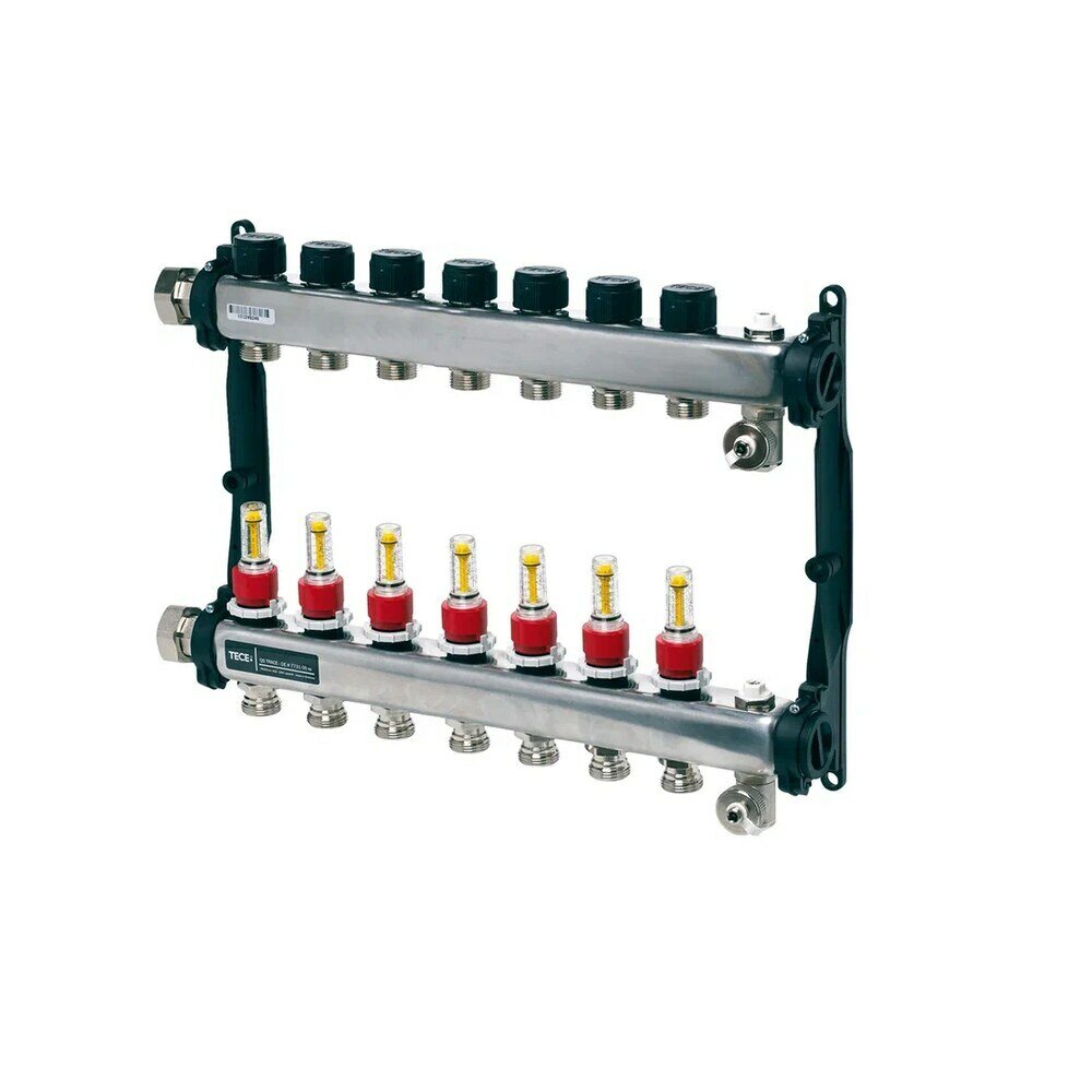 Коллектор для теплого пола Tece (77310007) 1 ВР(г) х 7 выходов 3/4 НР(ш) ЕК х 1 ВР(г) с расходомерами