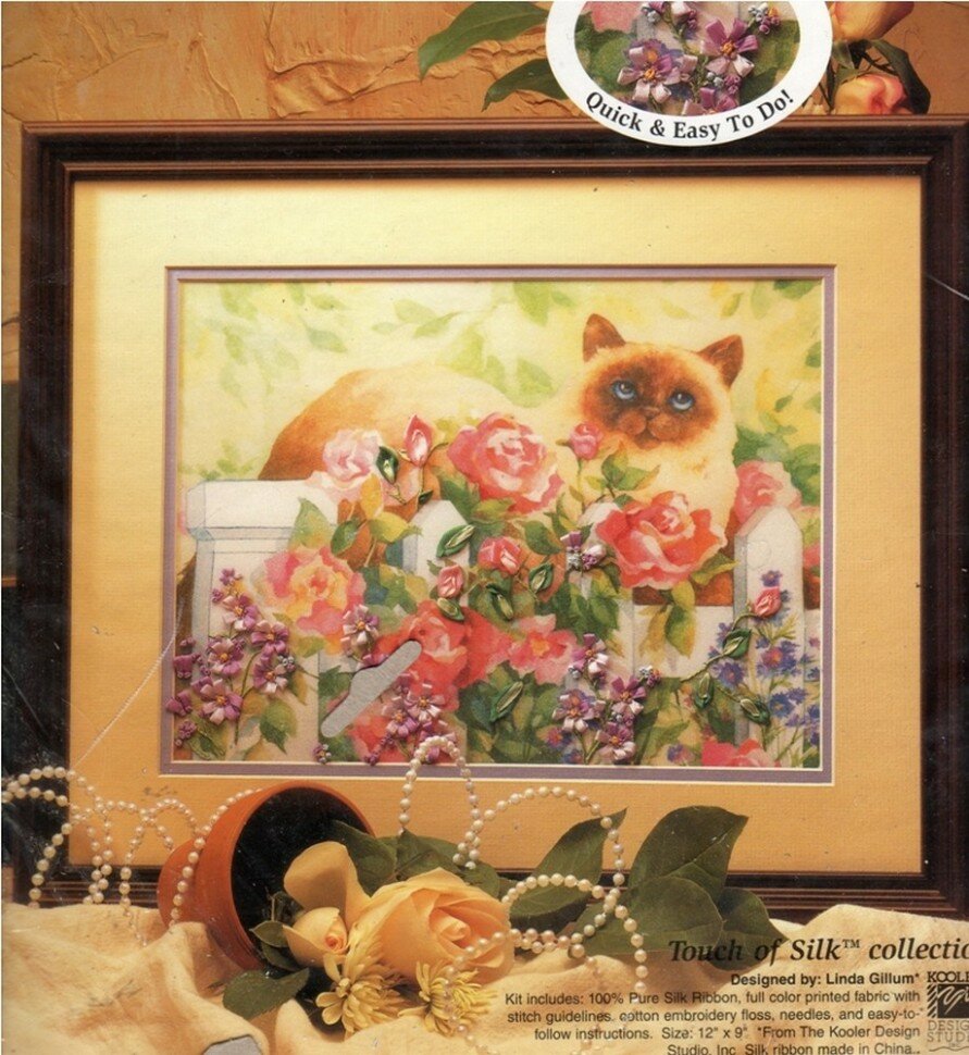 Набор для вышивания Bucilla #41025 Kitty of Fence (Котенок на заборе), Вышивка лентами, 30 x 23 см