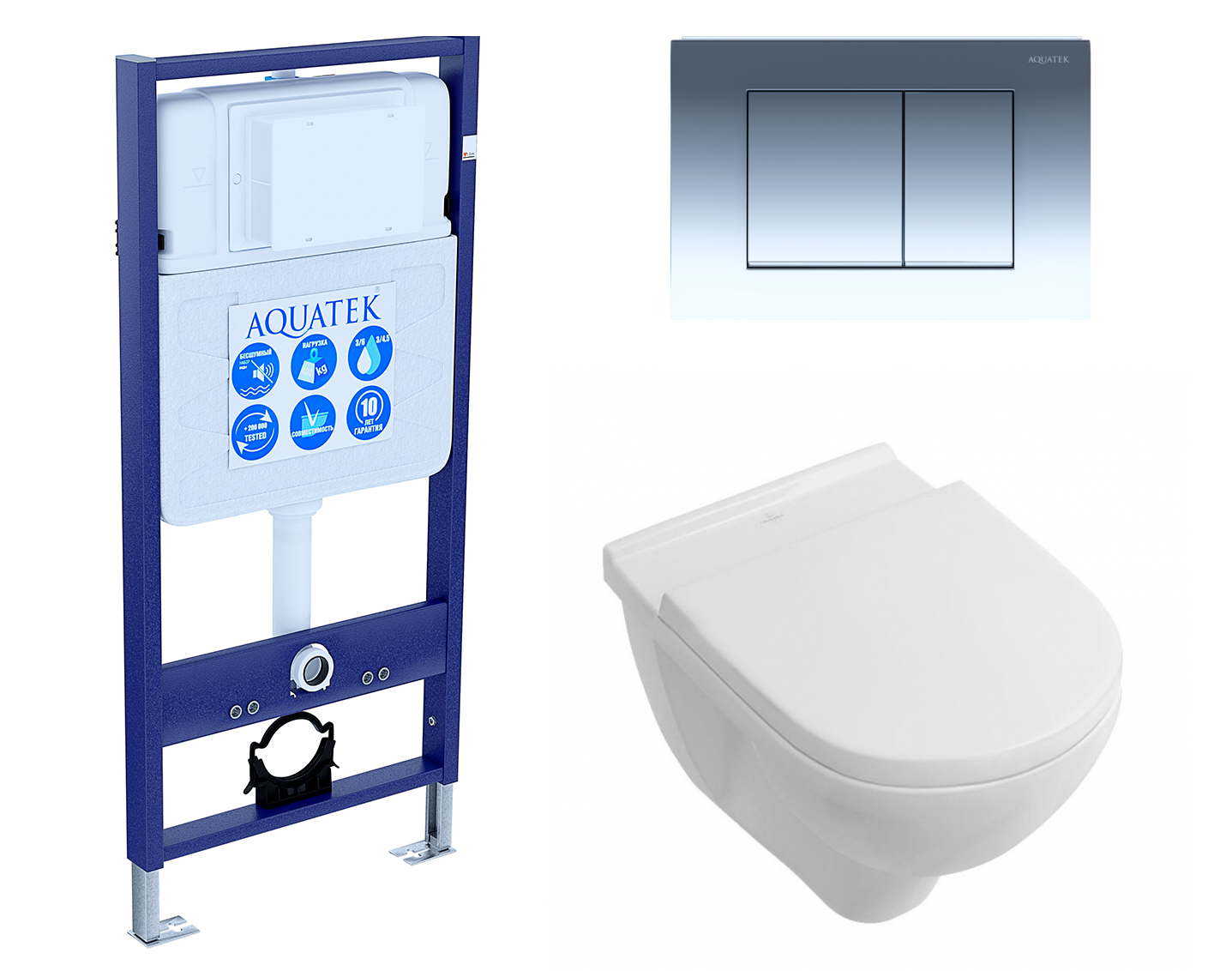 Комплект 3 в 1 инсталляция Акватек Standart 50 + Унитаз подвесной Villeroy & Boch O Novo Directflush с кнопкой хром INS-0000012 + 5660HR01 + KDI-0000010