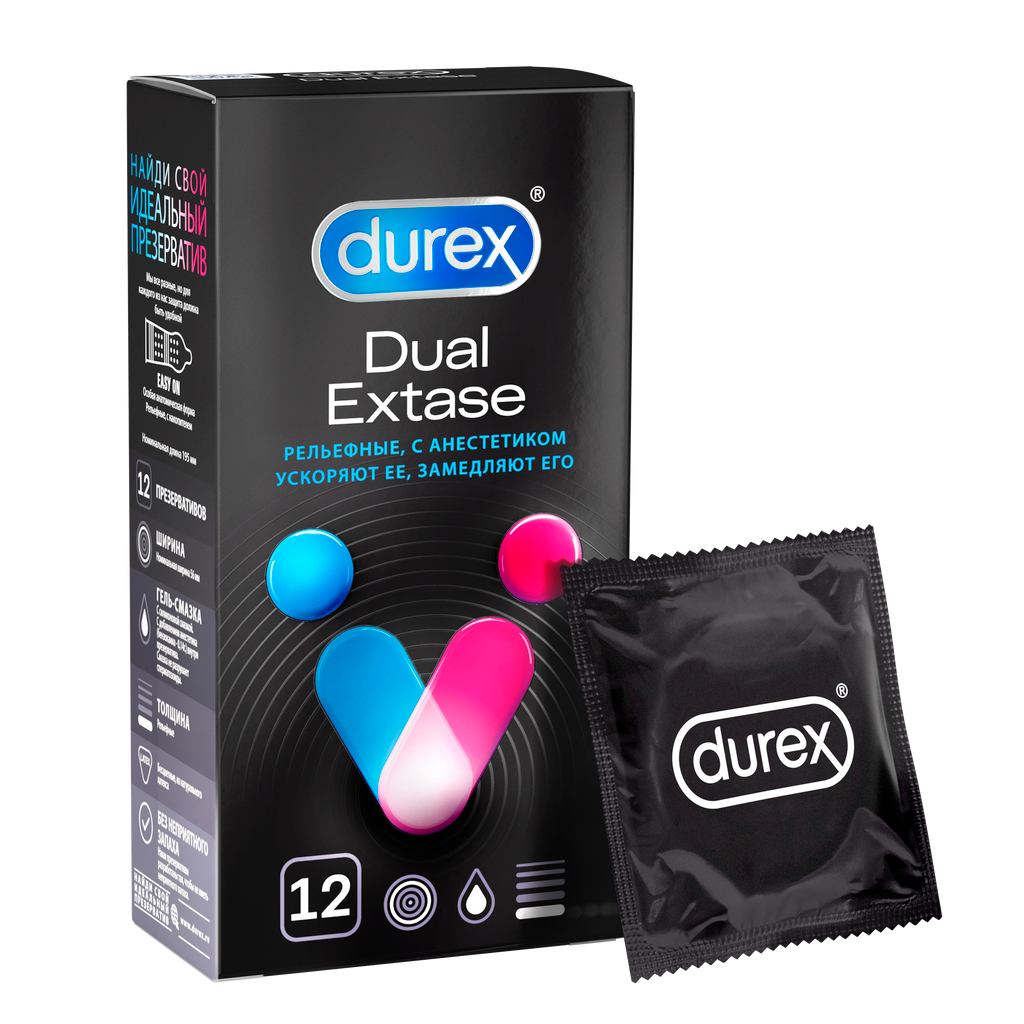 Презервативы Durex Dual Extase рельефные с анестетиком, 12 шт