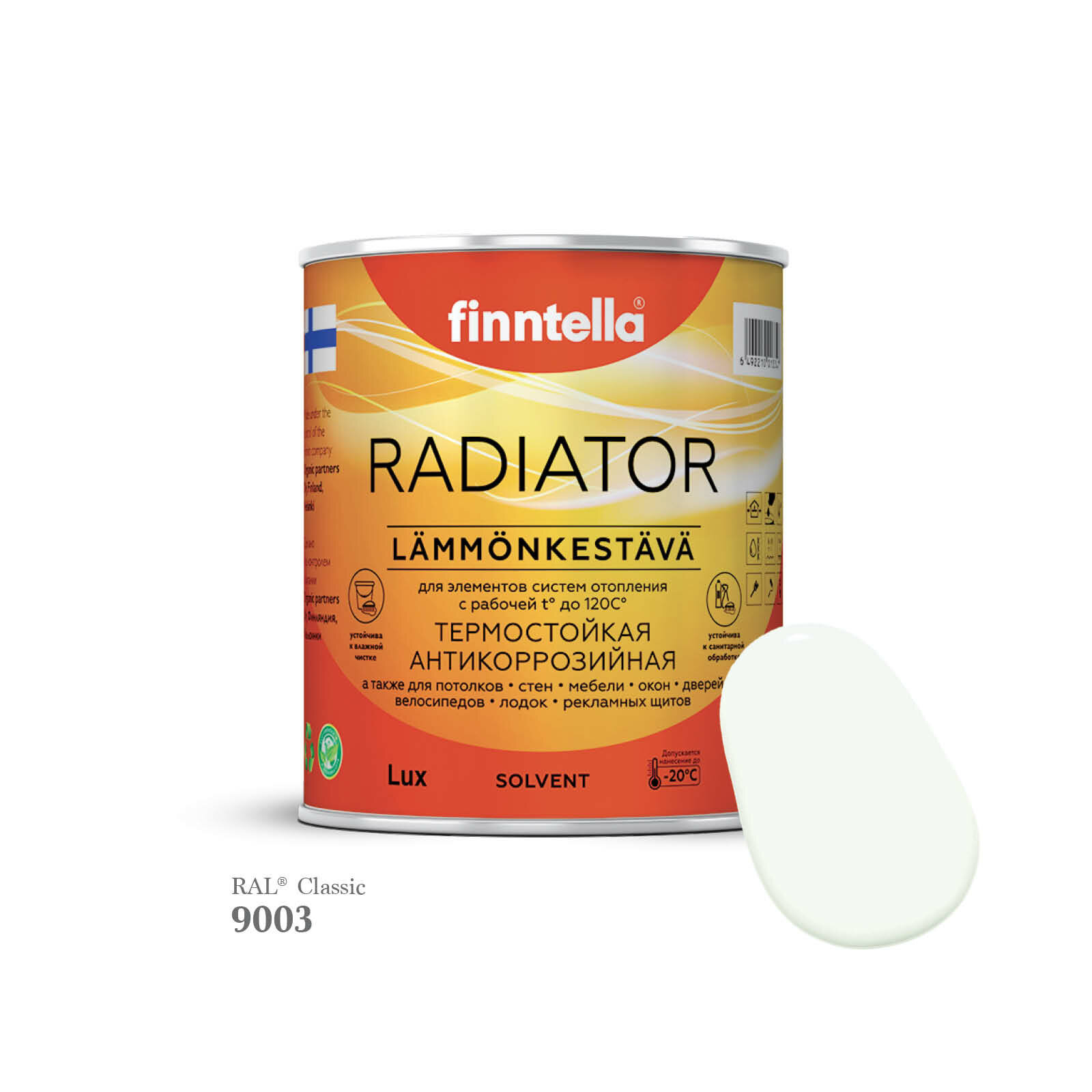 Краска для радиаторов быстросохнущая финская эмаль FINNTELLA RADIATOR, цвет RAL9003 , 0,9л