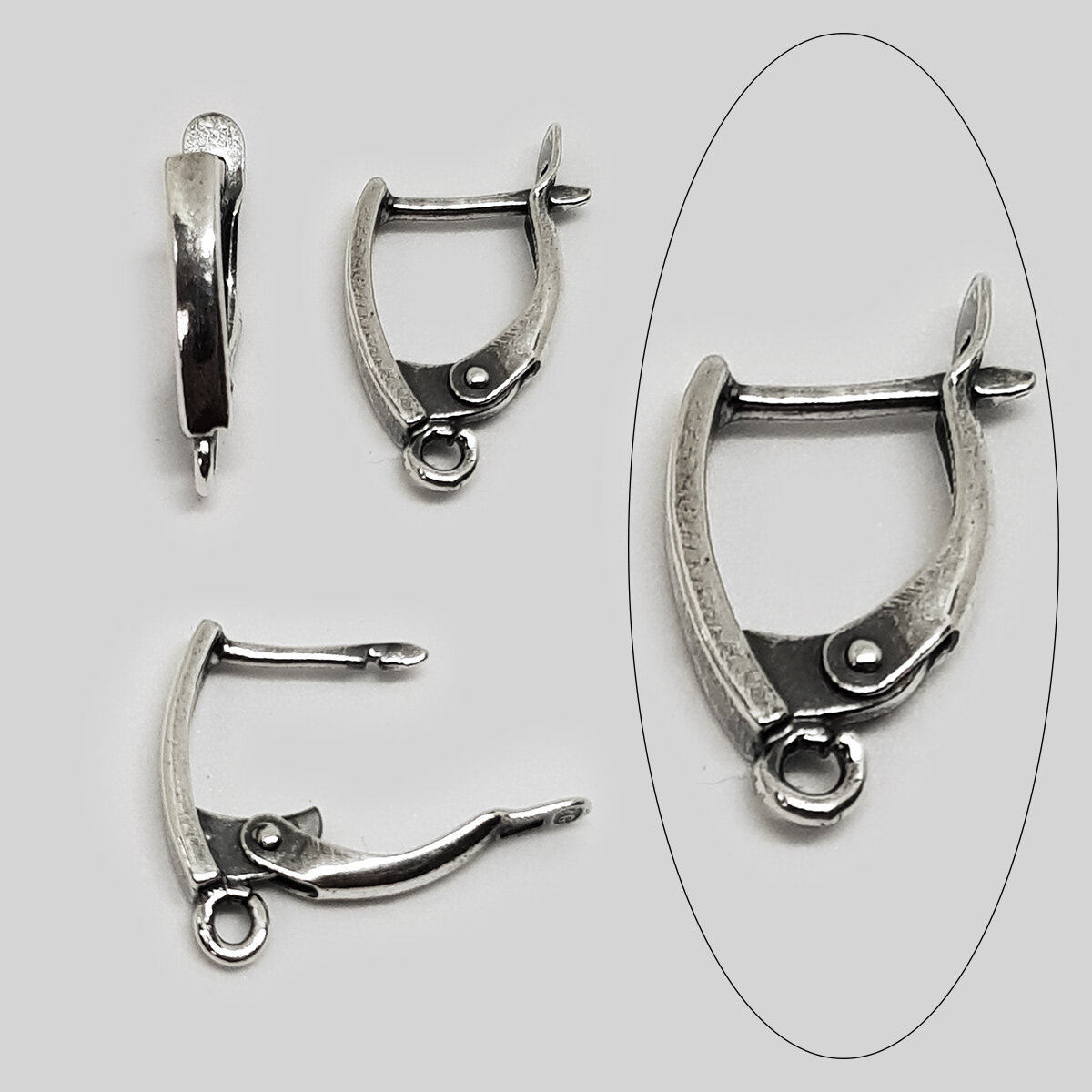 Швензы закрытые, 16.5х2.5мм, с английским замком, Прямоугольник гладкий, базовый материал - латунь, посеребренные с чернением, пара