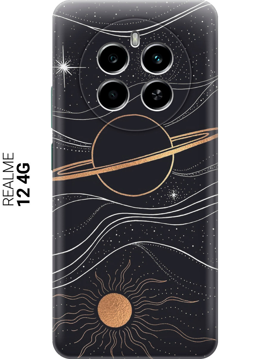 Силиконовый чехол на Realme 12 4g с принтом "Сатурн и солнце" матовый черный