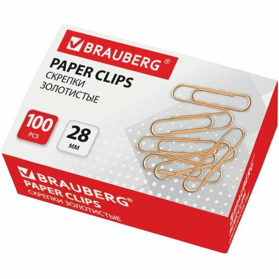 Скрепки Brauberg , 28 мм, золотистые, 100 шт, в картонной коробке, 221529