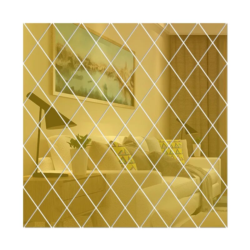 Золотые 3D зеркальные наклейки ромбы 25x50 см (10 шт.)