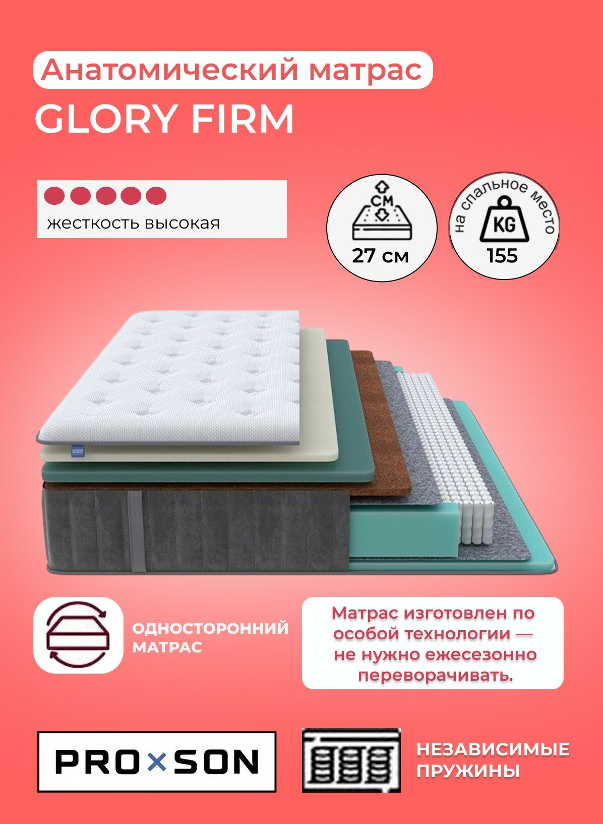 Матрас 200x200 Glory Firm, независимые пружины, жесткость высокая