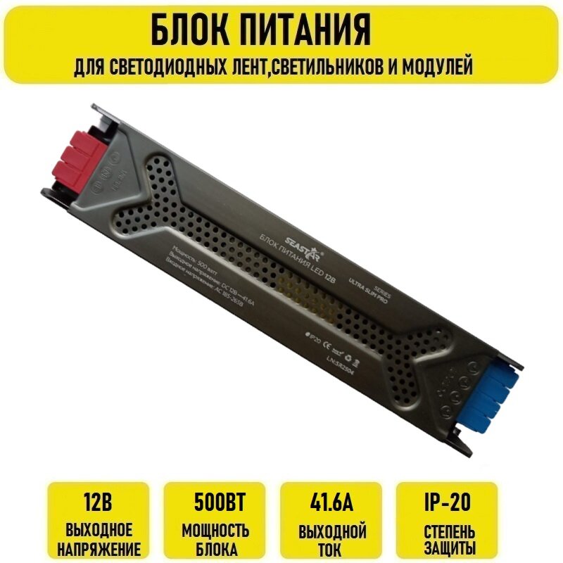 Блок питания 12V 41.6A 500w IP20 узкий без вентилятора