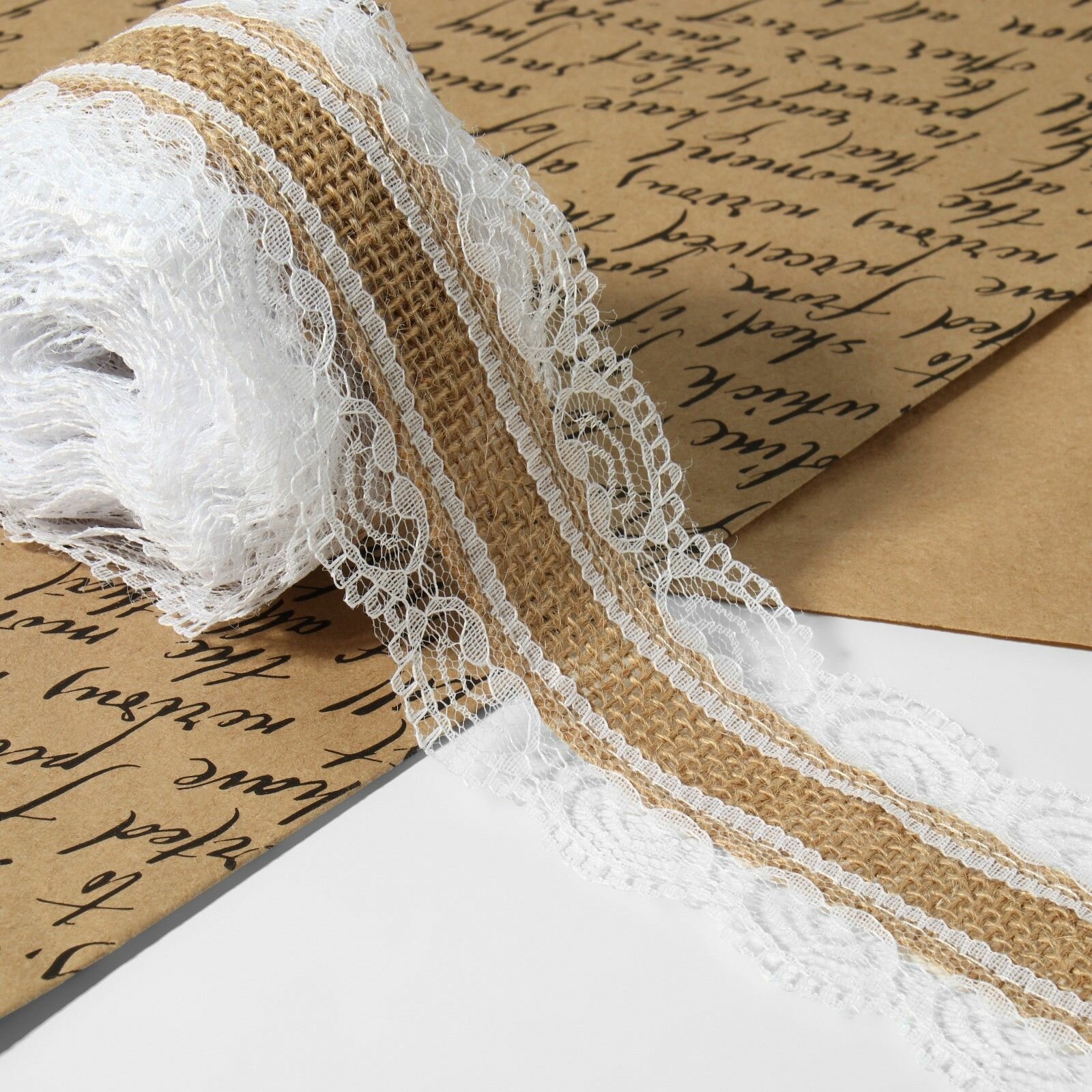 Лента холщовая подарочная Кружево , натуральная, 60 мм, 4.5 м, белая