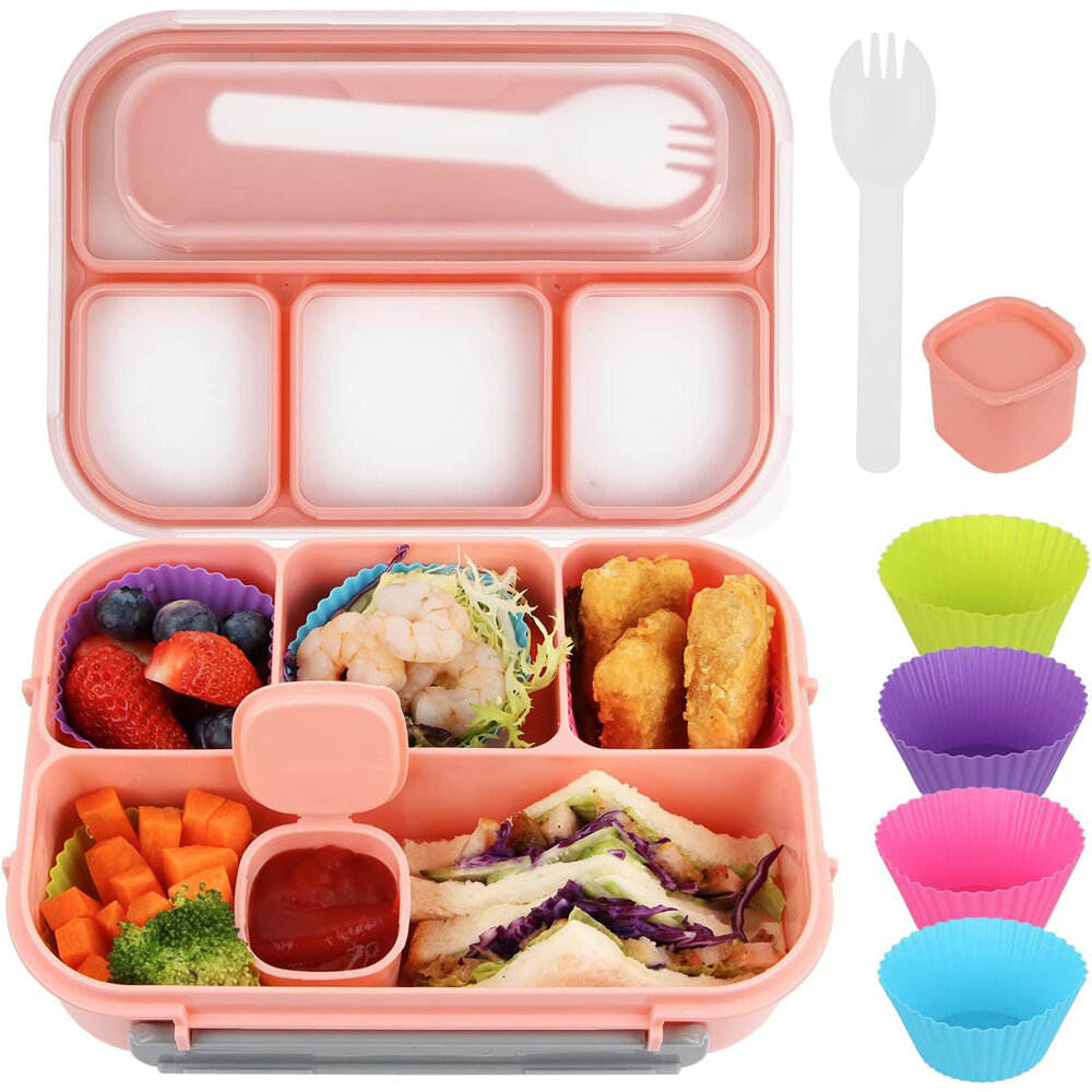 Набор bentobox 7 штук для взрослых и детей, ланчбокс с 4 разделами, приборы, соусник, бумажные формы для маффинов, 1300ML, светло-красный, зеленый, синий