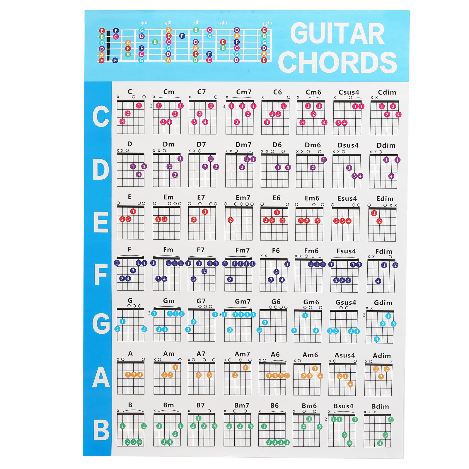 Guitar Chord Poster 56 Colour Coded Coated Paper Educational Reference Guide for Ukulele PlayersL
