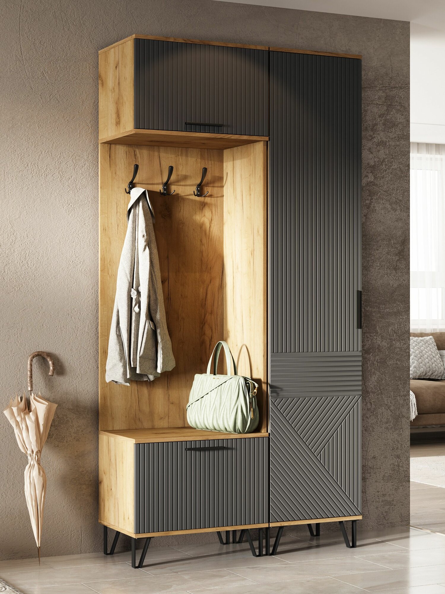 Прихожая "Флэш", МИФ, шкаф-пенал/прихожая, ЛДСП, Браш Графит/Дуб Крафт