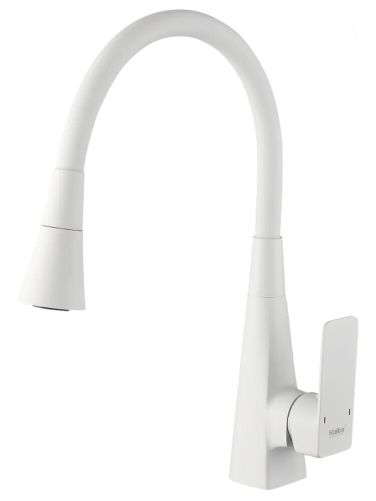 Смеситель для кухни Haiba HB73823-8 с гибким изливом, с поворотным изливом, белый, матовый, однорычажный, латунный, с керамическим картриджем