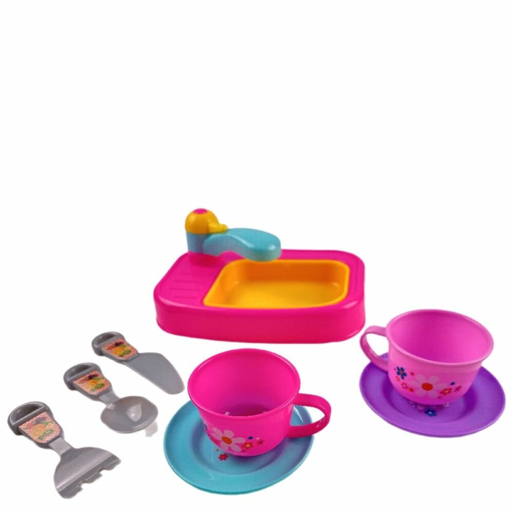 Набор посуды детский КНР розовый, 8 пластиковый предметов, с раковиной, в пакете