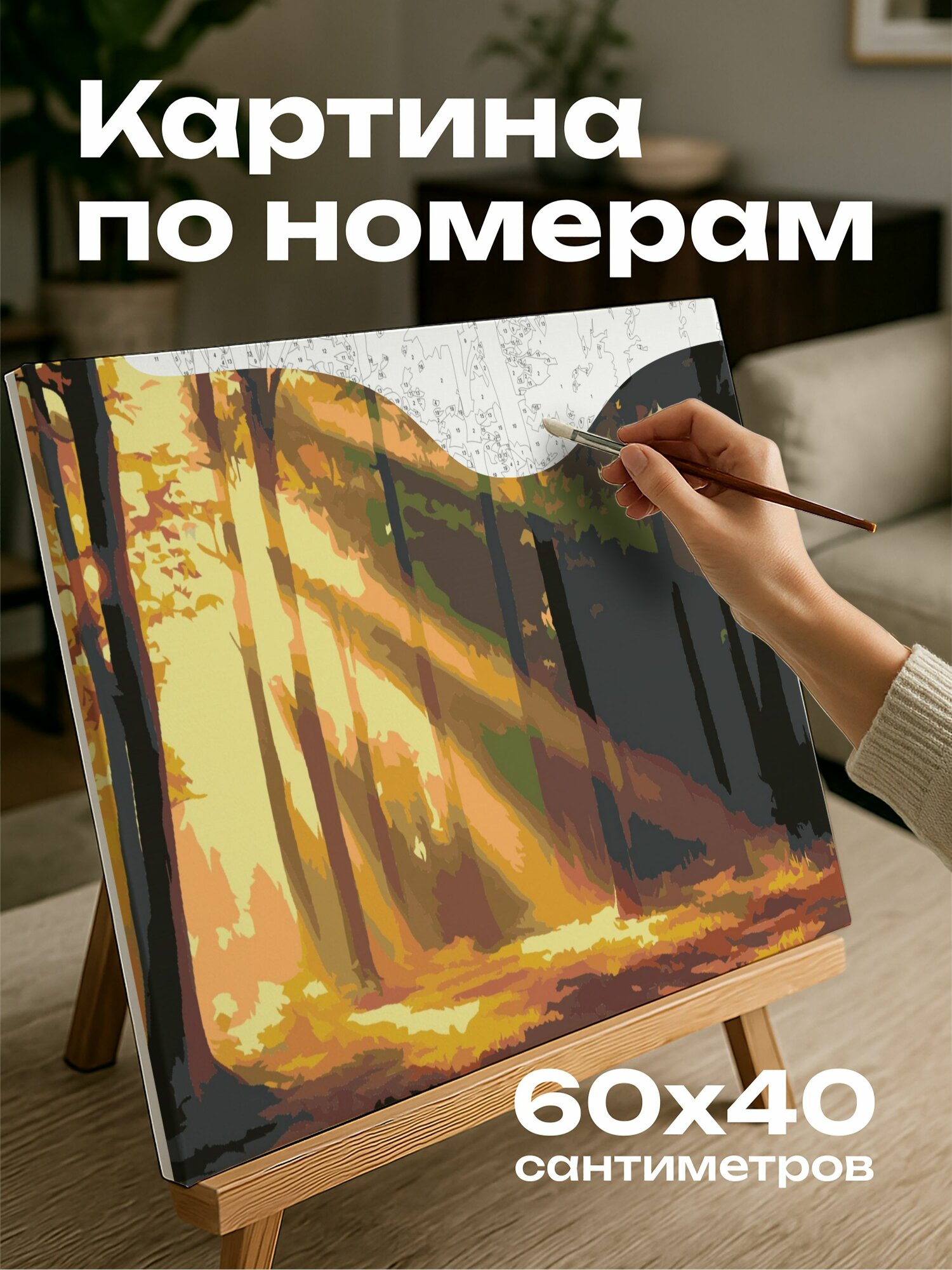 Картина по номерам 60x40 см, лес, рассвет, масло, свет, тени, деревья, атмосфера, золотистый, безмятежность, очарование