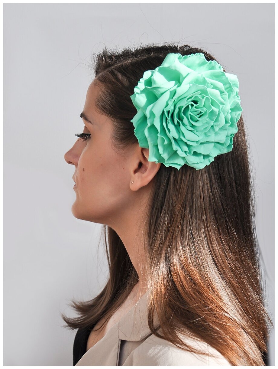 Роза пион крупный цветок ручной работы заколка для волос бирюзовая