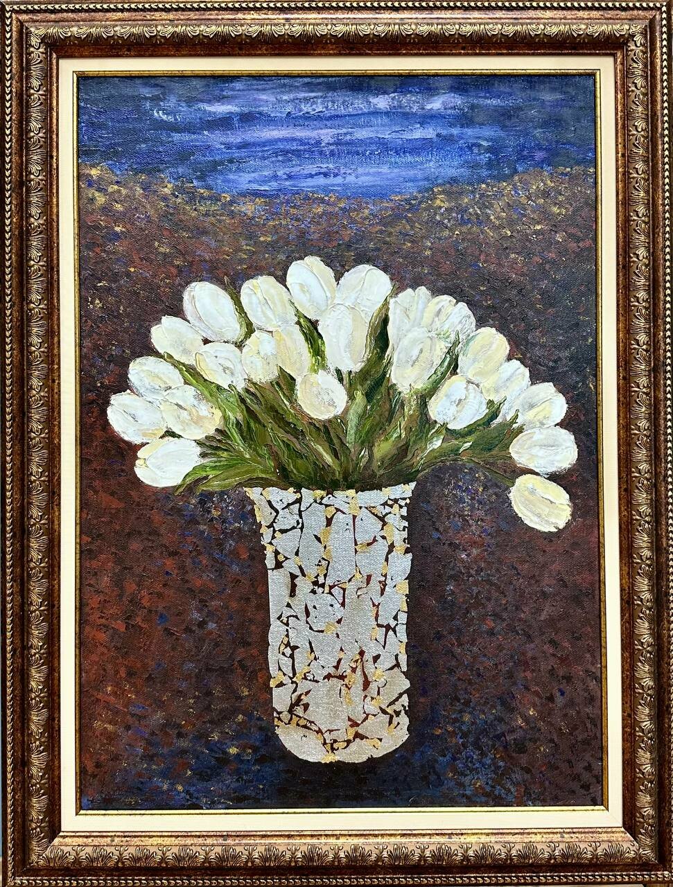 Картина маслом, цветы "Белые тюльпаны"