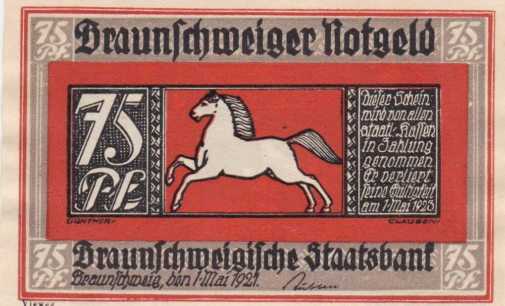 Германия (Веймарская Республика) Брауншвейг 75 пфеннигов 01.05.1921 г. (Вид 2) (6)