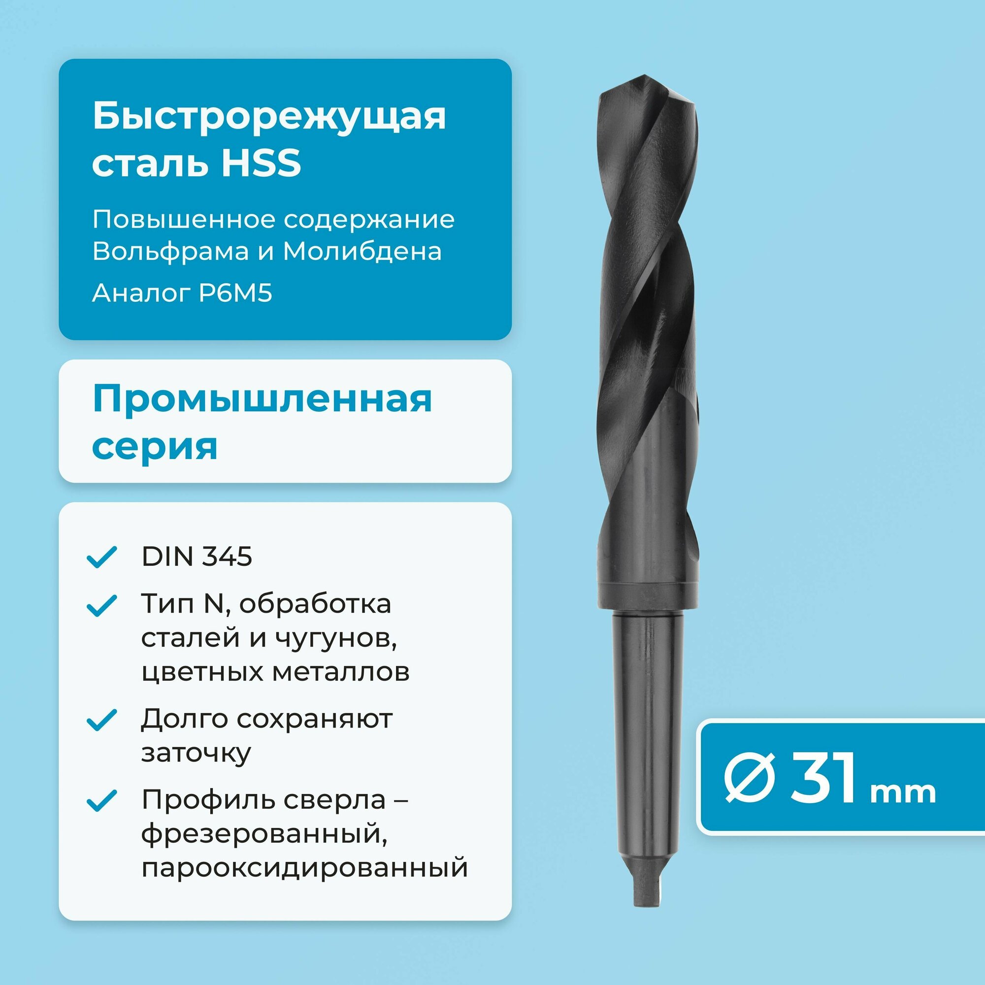 Сверло по металлу 31 мм NORGAU Industrial спиральное HSS фрезерованное с хвостовиком-конус Морзе, правое, DIN 345
