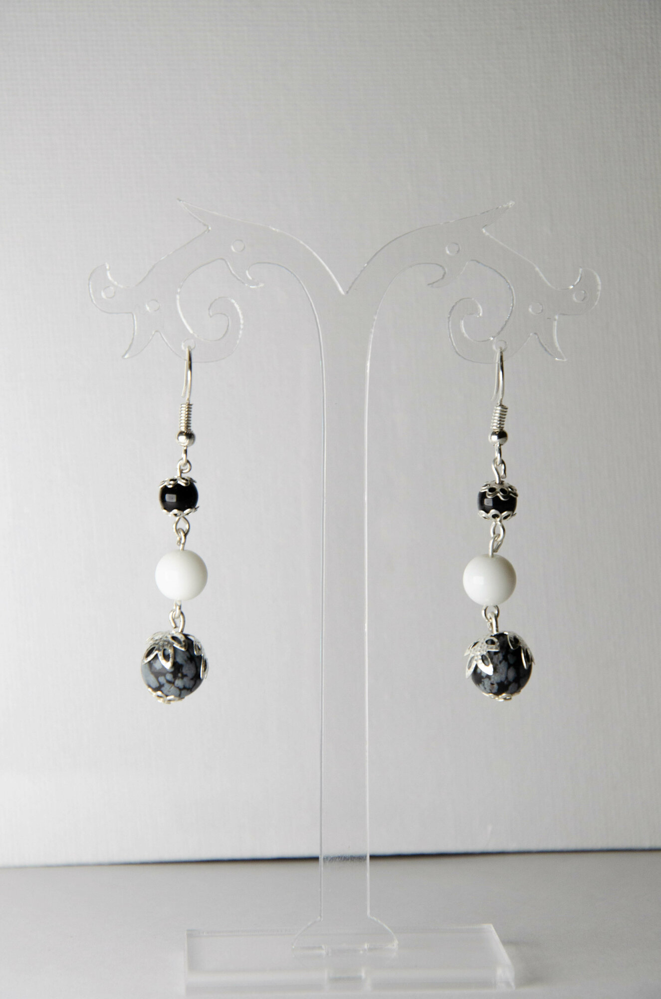 Серьги с подвесками, металл, обсидиан, агат