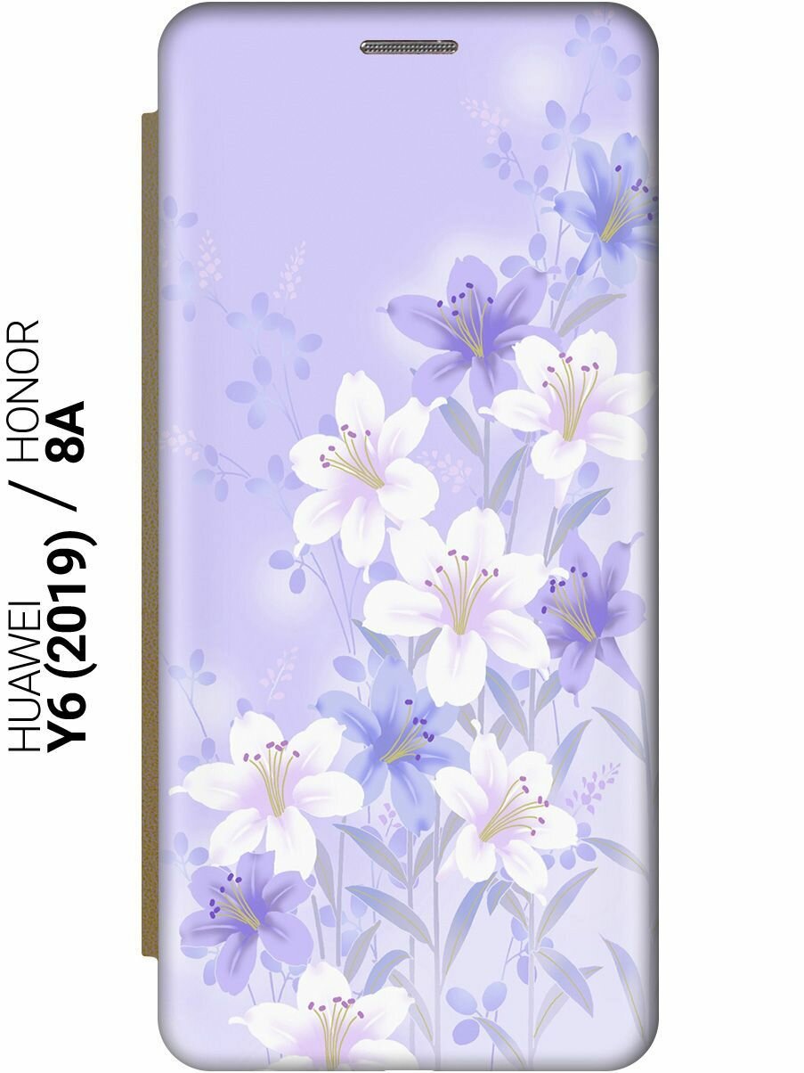 Чехол-книжка на Honor 8A, 8A Pro, Huawei Y6 (2019), Y6 Prime (2019), Хуавей Хонор 8а c принтом "Лилии на фиолетовом" золотистый