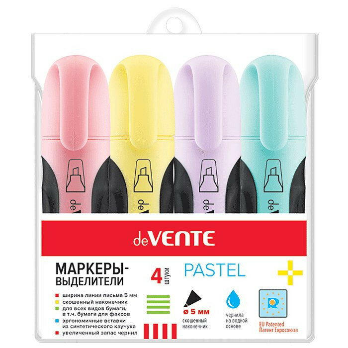 Маркер флуорисцентный deVENTE 1-5мм пастельные, набор 4шт желтый/розовый/фиалковый/бирюзовый арт.5045809. Количество в наборе 3 шт.