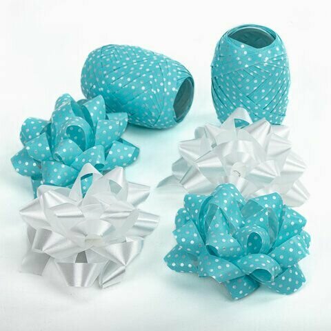 3 шт. Набор для декора и подарков 4 банта, 2 ленты, горошек, цвета: белый, голубой, золотая сказка, 591845