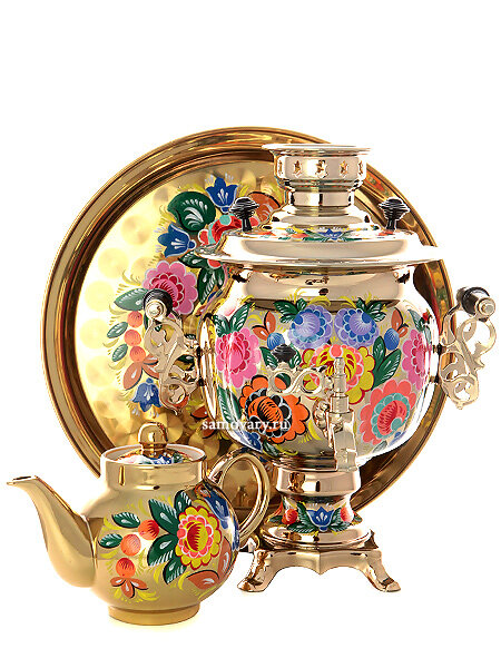 Набор самовар электрический 3 литра с художественной росписью "Жостово на золотом фоне"