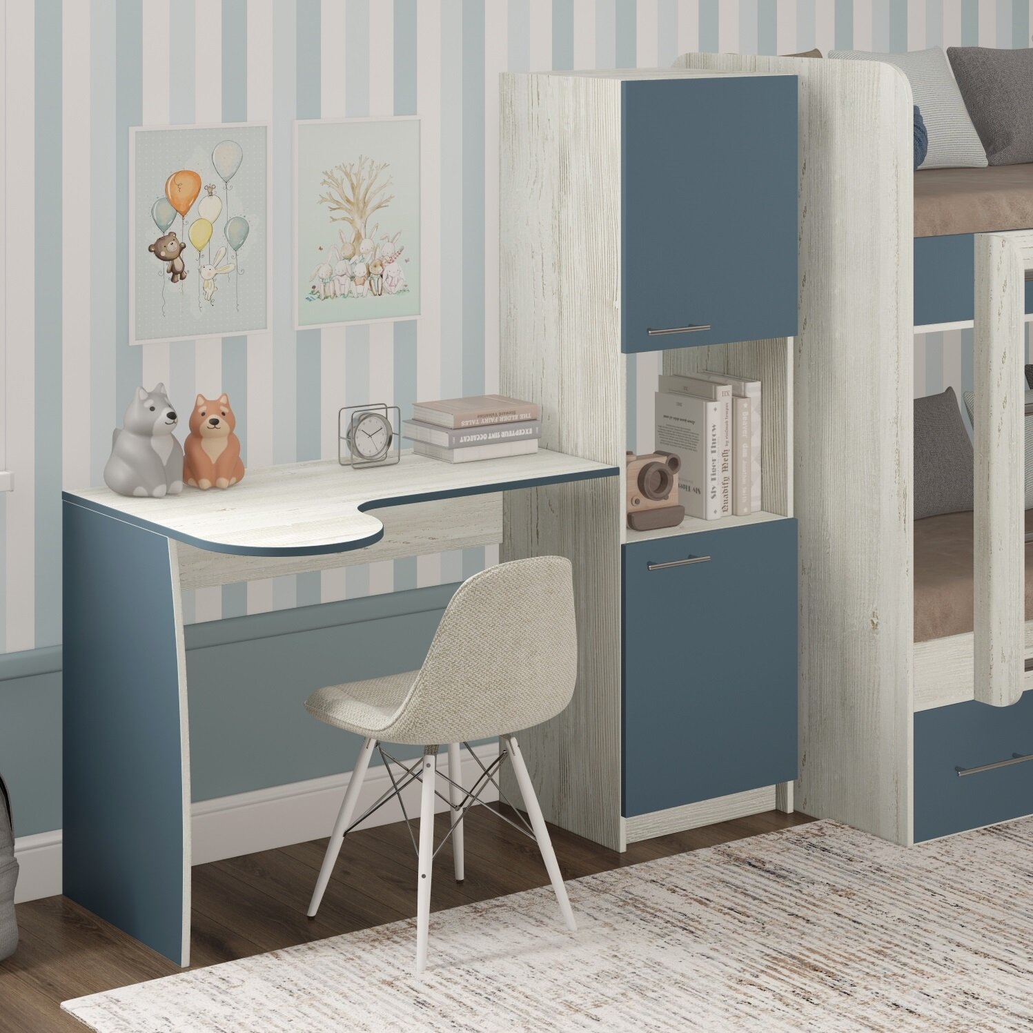 Письменный стол со стеллажом, с пеналом, Есэндвич Лаворо, 145x67,5х150 см, правый (Сосна винтербег/Маренго)