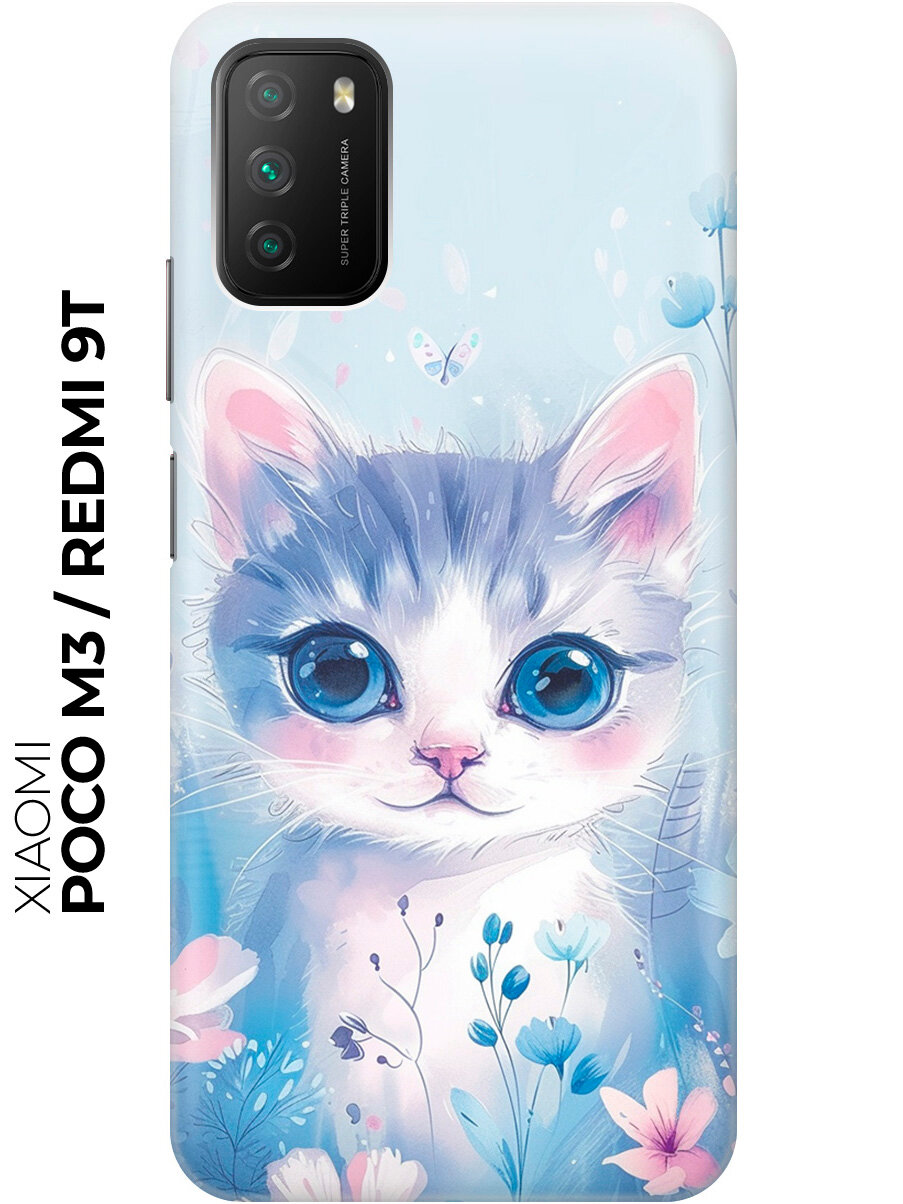 Силиконовый чехол на Xiaomi Redmi 9T / Poco M3 с принтом "Котик в цветах"