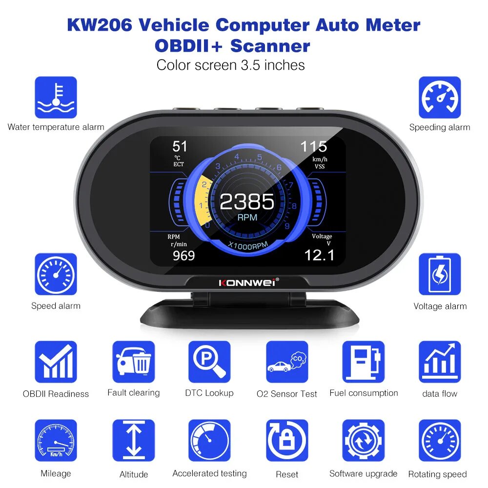 Автомобильный бортовой компьютер KONNWEI KW206 OBD2, цифровой Компьютерный дисплей, Автомобильный сканер, датчик расхода топлива, воды, температуры
