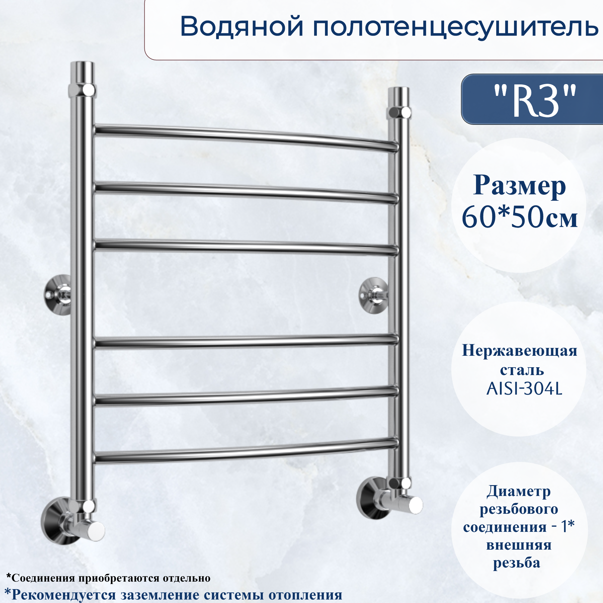 Водяной полотенцесушитель "юрма" R3 60см/50см нержавеющая сталь