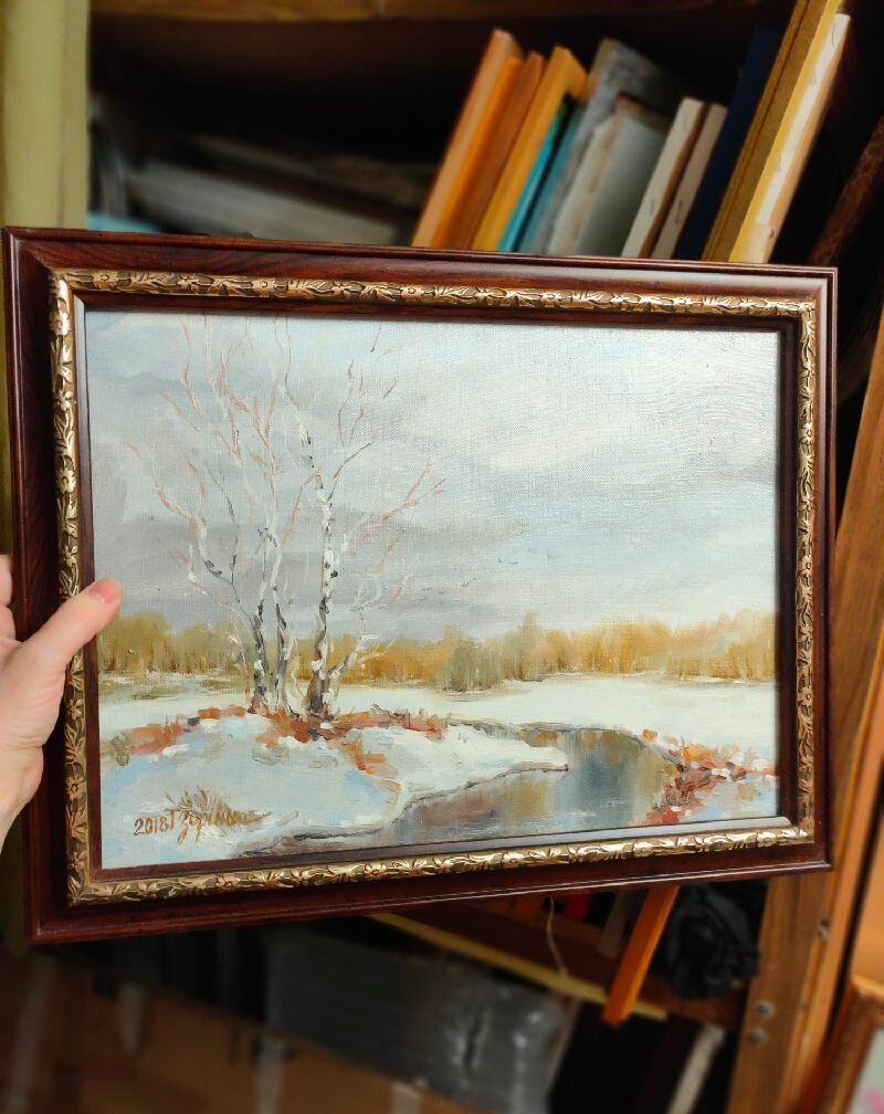Небольшой зимний пейзаж маслом в раме 30х40 см, масло, холст, автор Зорина Татьяна