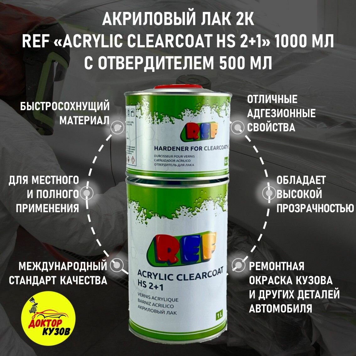 Лак акриловый глянцевый 2К HS 2+1, автомобильный REF, 1 л с отвердителем 0,5 л