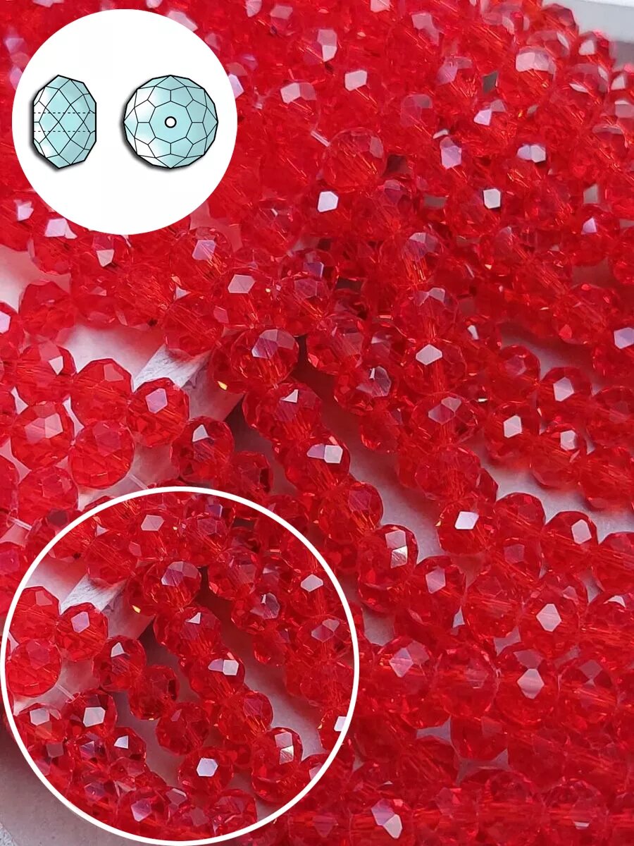 Стеклянные граненые бусины Рондели, 6 мм, красные, 1 нить, 30 г