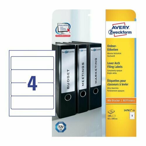 Этикетки Avery Zweckform L4761-25, A4, универсальная, 25л, 80г/м2, белый, 192мм х 61мм, 4шт