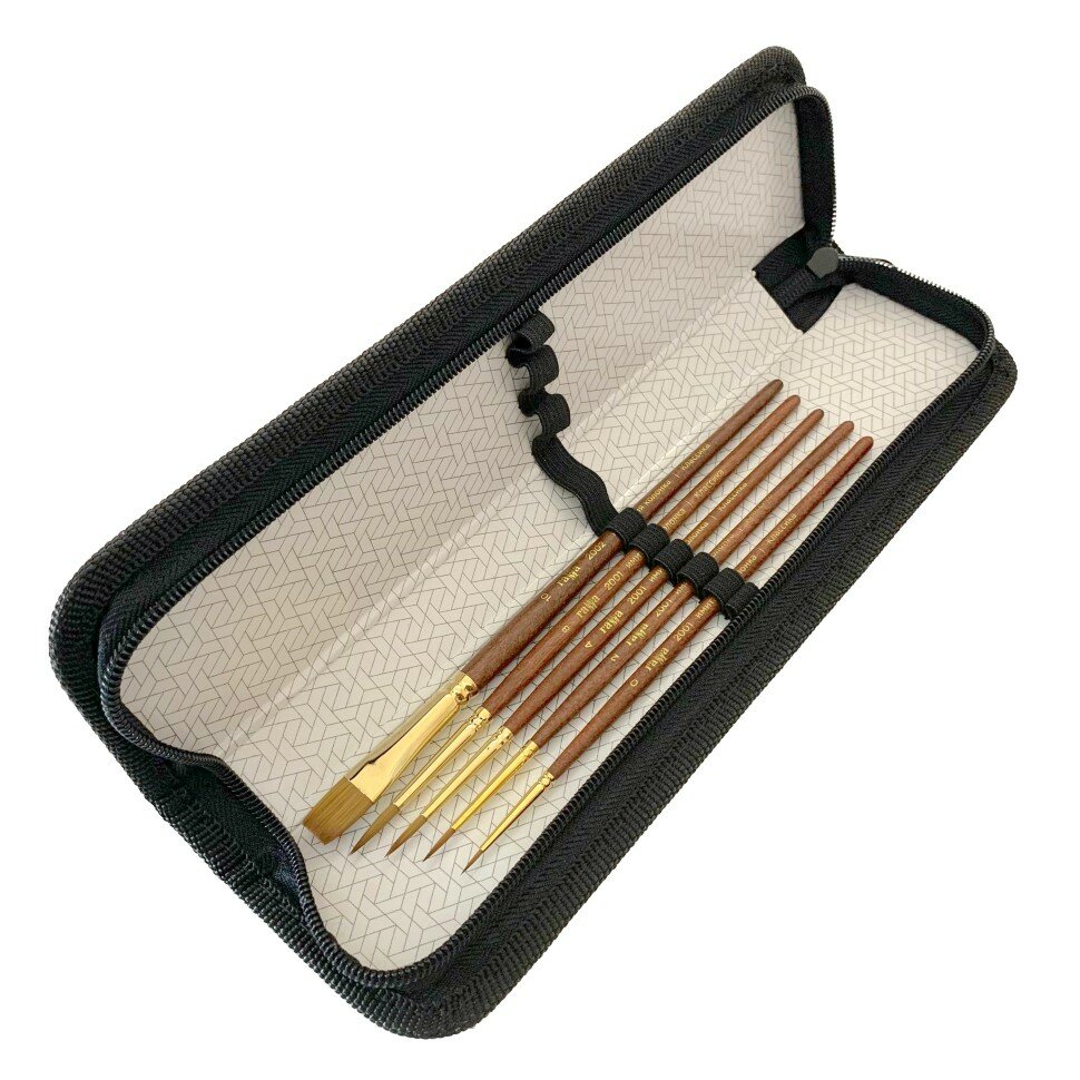 Набор кистей 5 штук 4 кругл, 1 плоск, Синтетика Классика (имитация колонка), пенал ArtSpace Steel