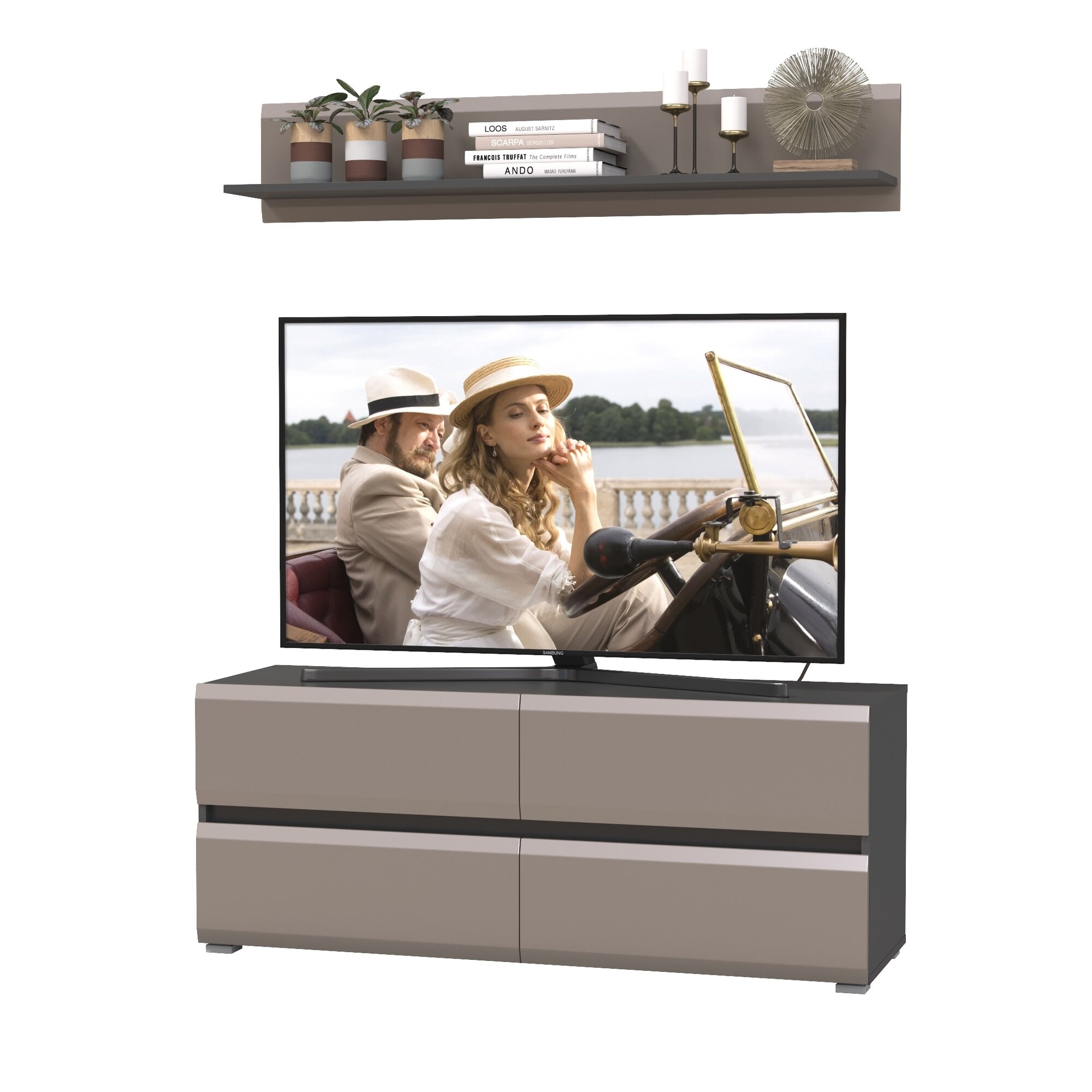 Тумба для аппаратуры Сидней с верхней полочкой, цвет антрацит/МДФ веллюто капучино, 130х41,3х185 см.